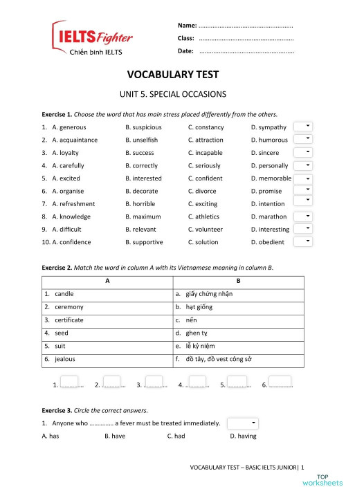 Vocab test 5. Interactive worksheet | TopWorksheets
