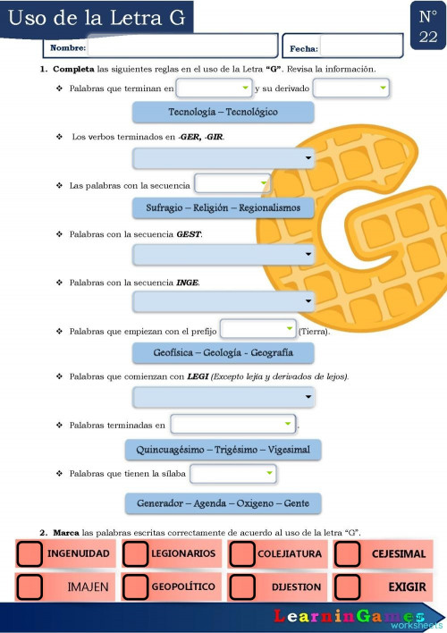 Uso de la Letra "G". Ficha interactiva | TopWorksheets