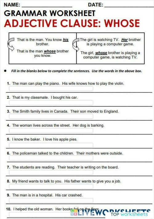 Whose - relative clause writing. Interactive worksheet | TopWorksheets