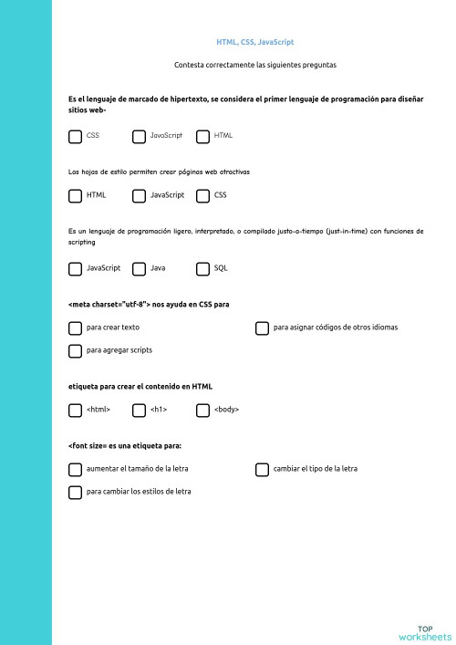 HTML, CSS, JavaScript. Ficha interactiva | TopWorksheets