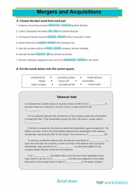 Mergers and Acquisitions. Interactive worksheet | TopWorksheets