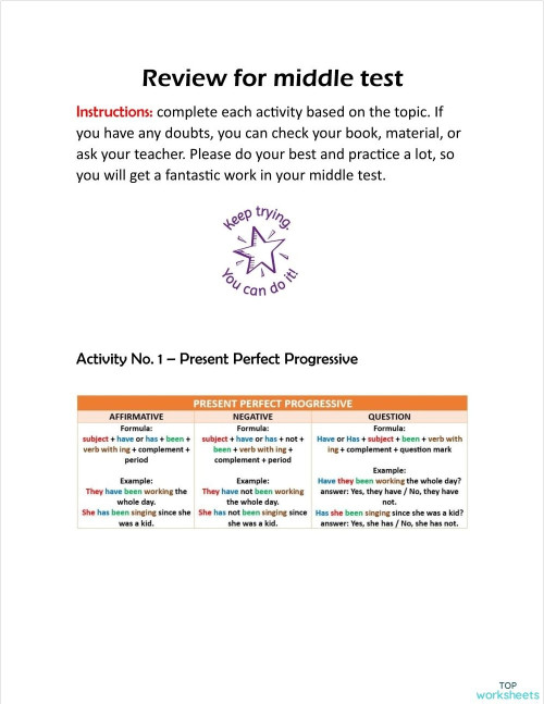 review for middle test advanced 1. Interactive worksheet | TopWorksheets