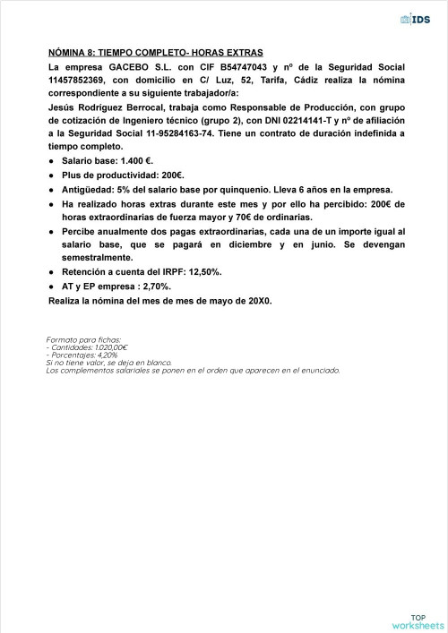 Nómina 8: Horas extras - GRH. Ficha interactiva | TopWorksheets