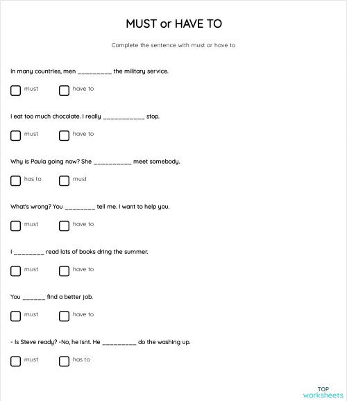 MUST or HAVE TO. Interactive worksheet | TopWorksheets