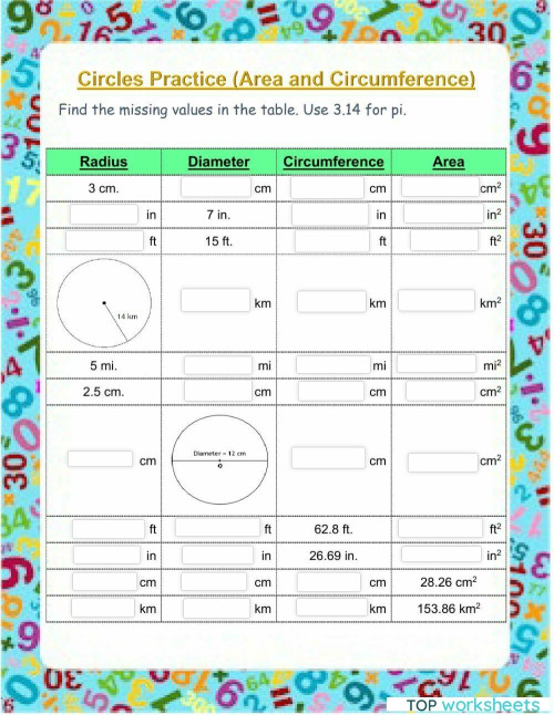 Circumference and Area of Circles. Interactive worksheet | TopWorksheets