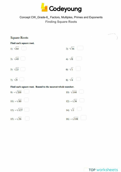 Finding Square Roots Concept CW. Interactive worksheet | TopWorksheets