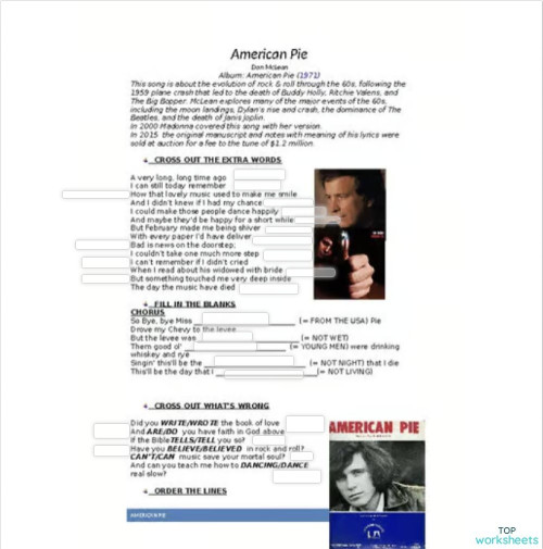 American Pie Don McLean. Interactive worksheet | TopWorksheets