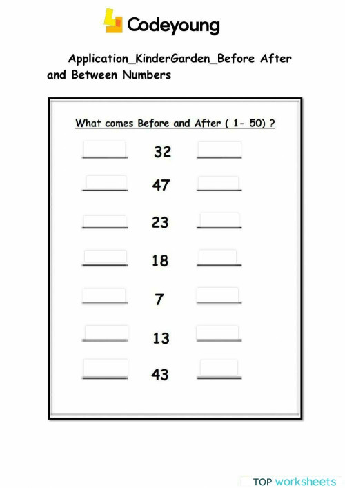 Before after between numbers. Interactive worksheet | TopWorksheets