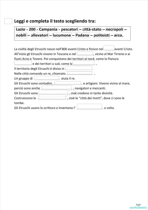 Etruschi: Testo a buchi. Scheda interattiva | TopWorksheets