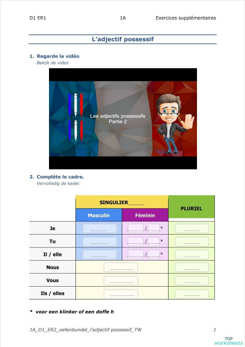 1A_D1_ER2_l'adjectif possessif. Fiche interactive | TopWorksheets