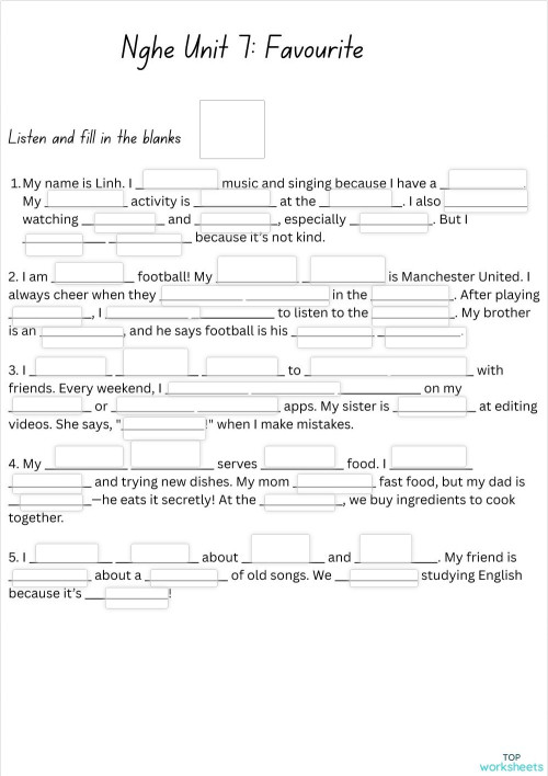 NgheCB Unit 7 Điền từ. Interactive worksheet | TopWorksheets