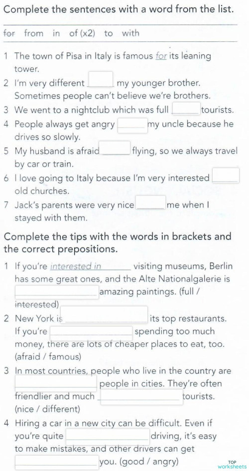 adjectives +prepositions. Interactive worksheet | TopWorksheets