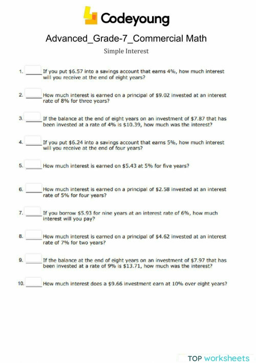 Simple Interest Advanced. Interactive worksheet | TopWorksheets