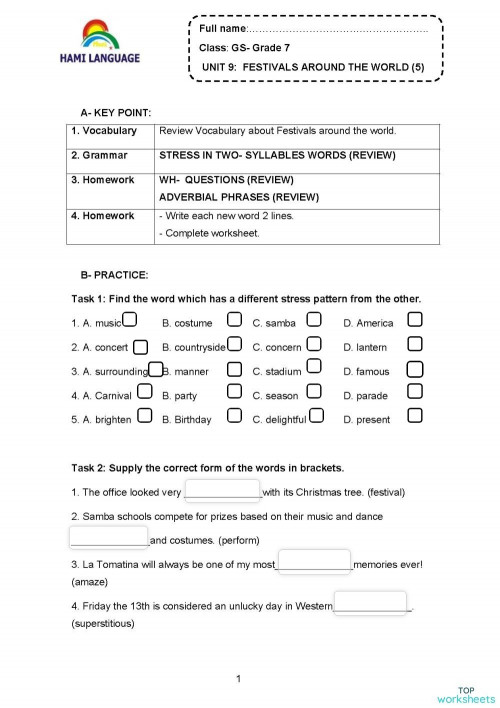 G7- Unit 9.5: Festivals around the world. Interactive worksheet ...