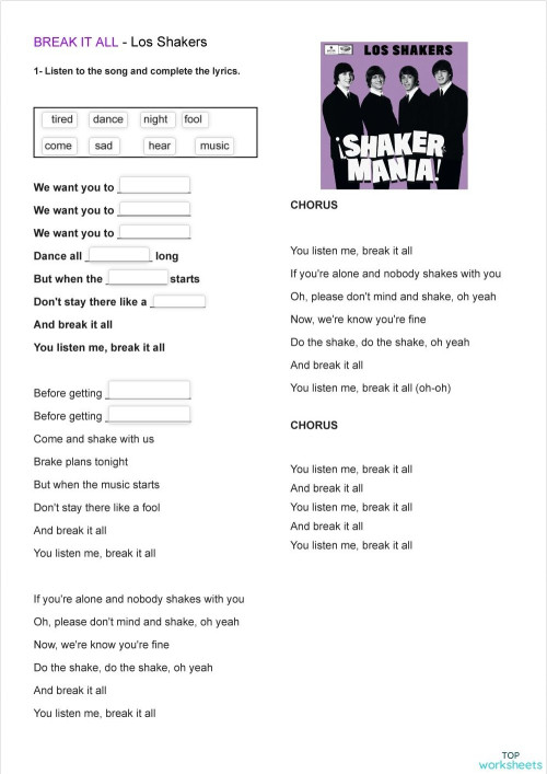 Song: Break it all. Interactive worksheet | TopWorksheets
