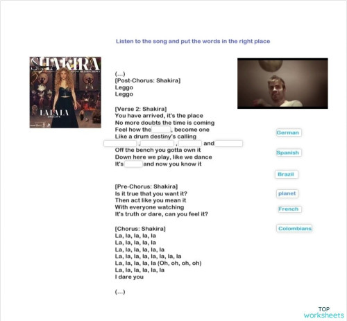 Adults 1 - Shakira's song. Interactive worksheet | TopWorksheets