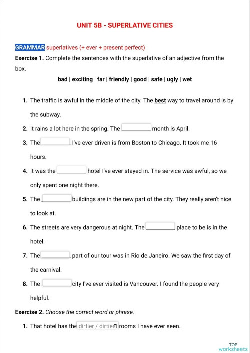 Unit 5B - Superlative Cities. Interactive worksheet | TopWorksheets