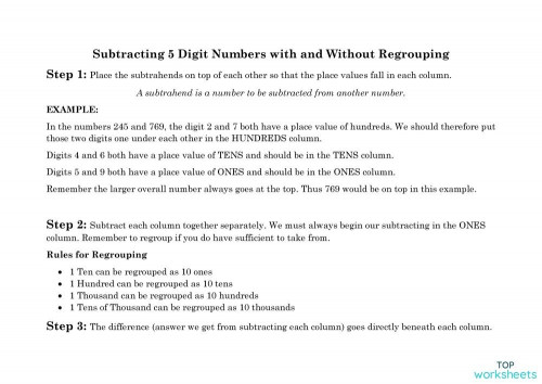 Subtracting 5 digit numbers with and without regrouping. Interactive ...