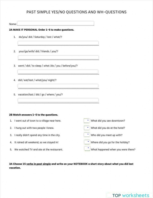 past simple yes-no questions and wh questions. Interactive worksheet ...