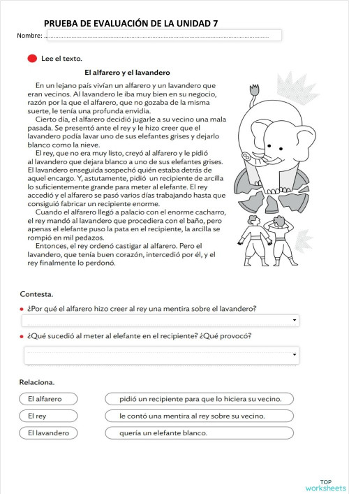 PRUEBA DE EVALUACIÓN U.7. LENGUA. Ficha interactiva | TopWorksheets