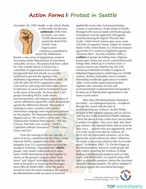 Reading Ex. - Protest in Seattle. Interactive worksheet | TopWorksheets