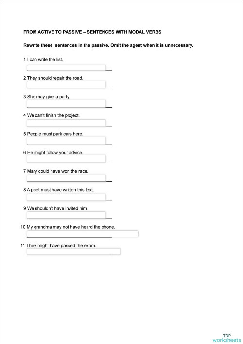 FROM ACTIVE TO PASSIVE - MODAL VERBS. Interactive worksheet | TopWorksheets
