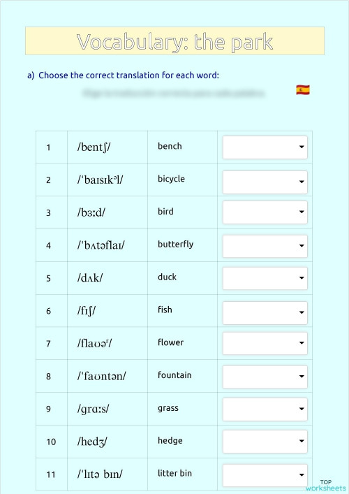 Vocabulary - The park. Interactive worksheet | TopWorksheets