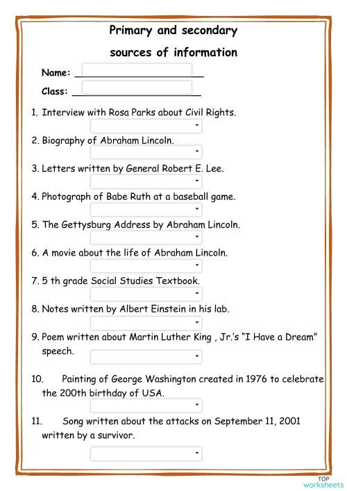 Primary And Secondary Source Worksheet
