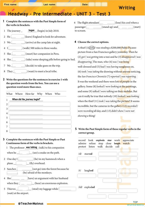 Headway - Pre intermediate - UNIT 3 - Test 3 (Copied). Interactive ...