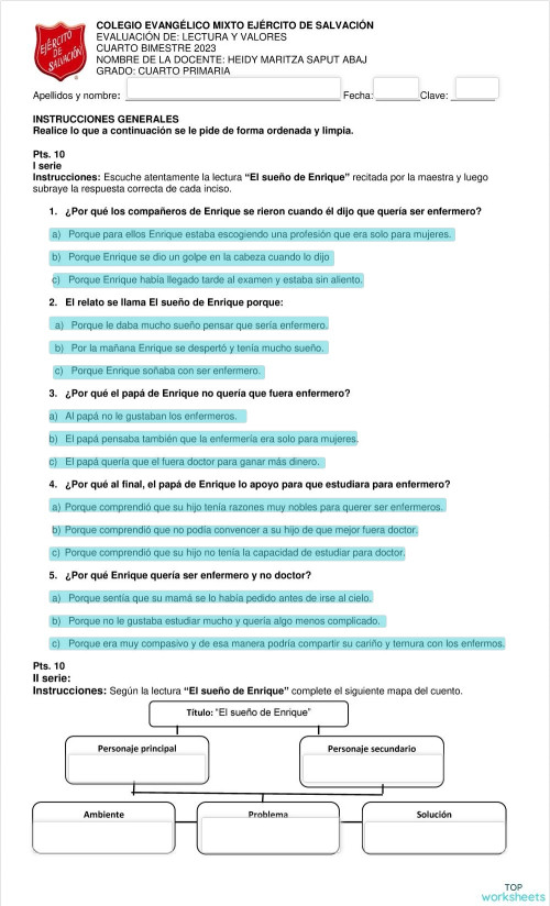 Evaluación de Lectura y valores. Ficha interactiva | TopWorksheets