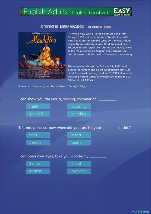 Song Quiz - A Whole New World – Aladdin 1992. Interactive worksheet ...