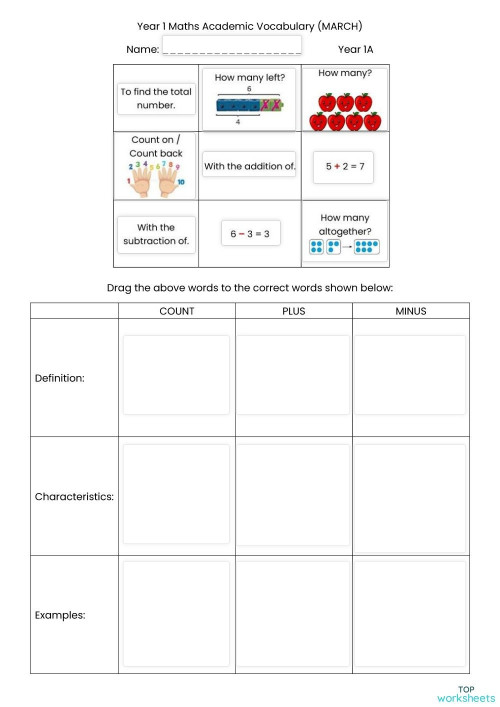 Year 1A Maths Academic Vocab March. Interactive worksheet | TopWorksheets