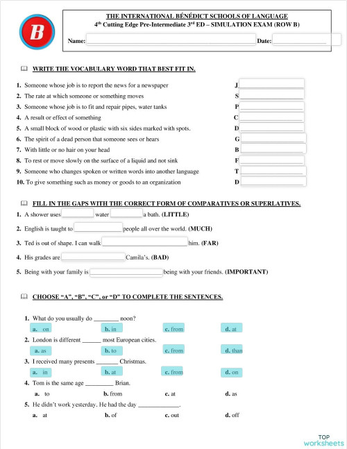 Simulation Exam 4th CE 2018 ROW B.. Interactive worksheet | TopWorksheets