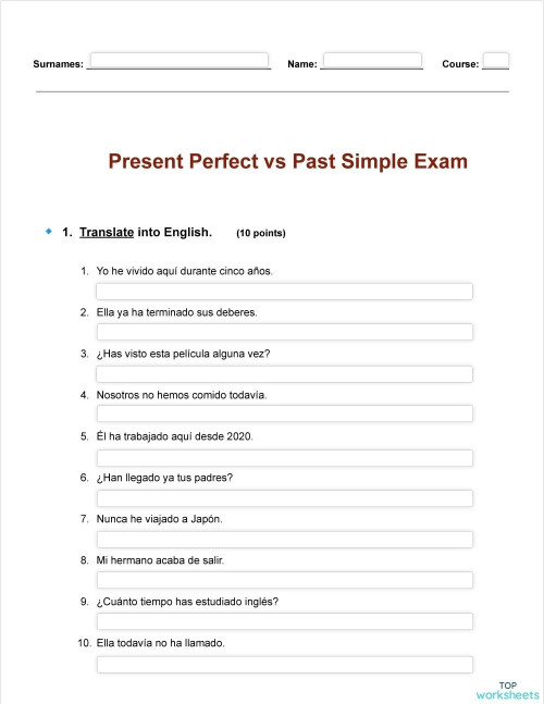 2º - Present perfect vs Past simple exam. Interactive worksheet ...