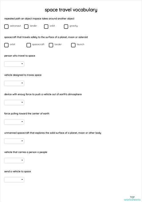 space travel vocabulary. Interactive worksheet | TopWorksheets