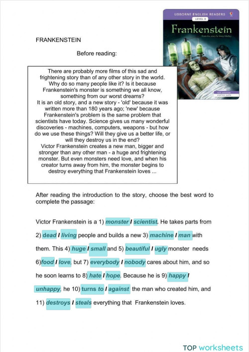 Before reading: Frankenstein. Interactive worksheet | TopWorksheets