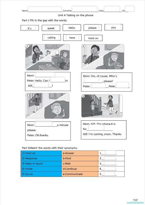 Unit 4 Conversation on the phone. Interactive worksheet | TopWorksheets
