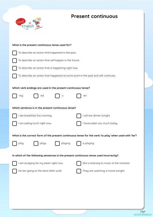 Present continuous. Interactive worksheet | TopWorksheets