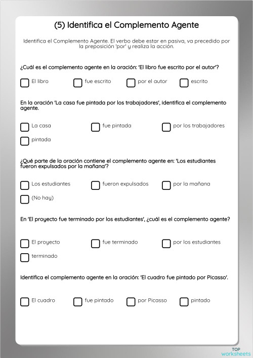 (5) Identifica el Complemento Agente. Ficha interactiva | TopWorksheets