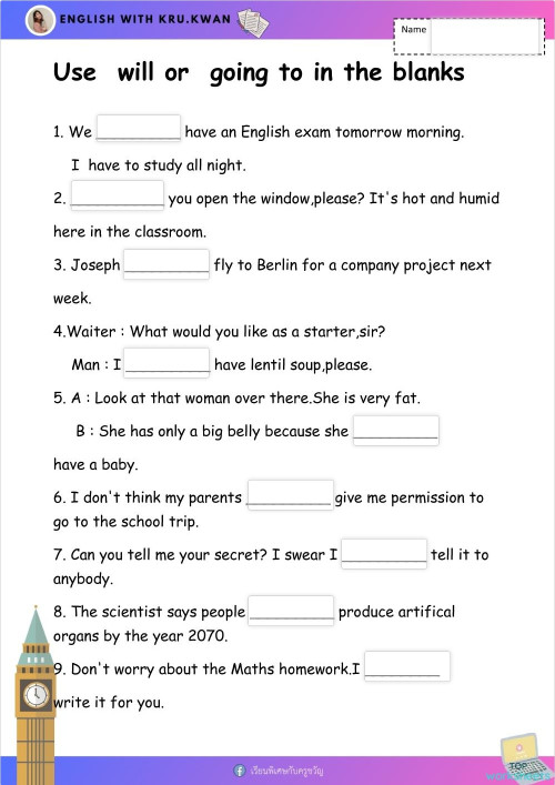 Future simple : will or going to ใบงานเชิงโต้ตอบ | TopWorksheets