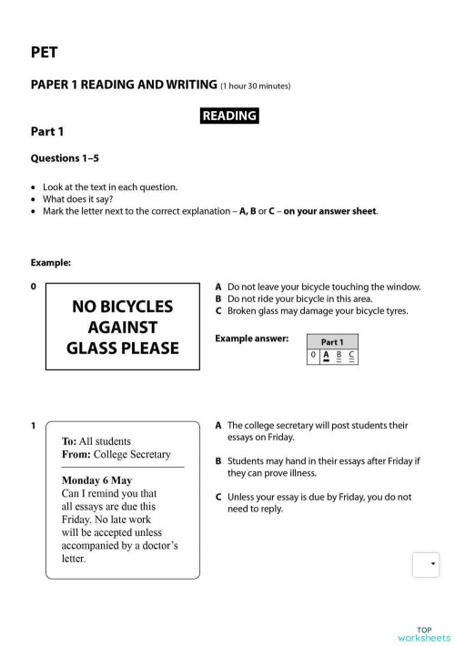 PET Reading - Comprehension Text (For Reading Purpose). Interactive ...