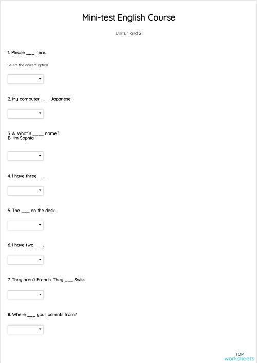 Mini-test English Course. Interactive worksheet | TopWorksheets