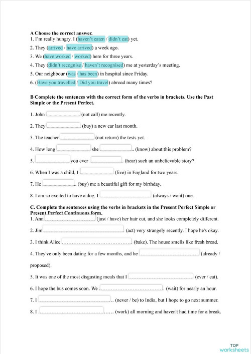 Present Perfect vs Past Simple, Present Perfect vs Present Perfect Continuous. Interactive ...