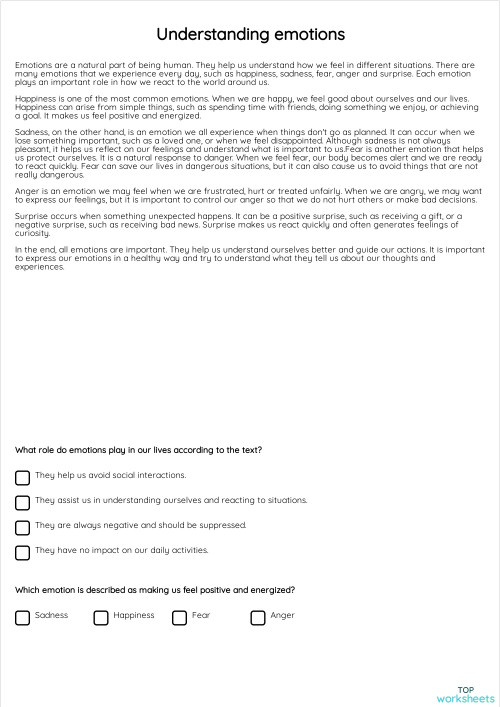 Understanding emotions. Interactive worksheet | TopWorksheets