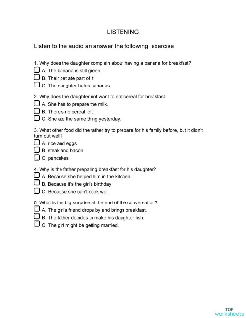 Listening exam A1.3. Interactive worksheet | TopWorksheets