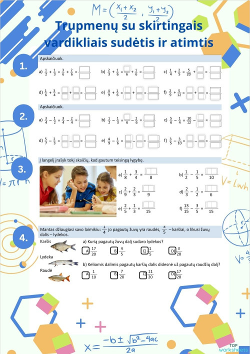 Trupmenų su skirtingais vardikliais sudėtis ir atimtis. Interactive worksheet | TopWorksheets