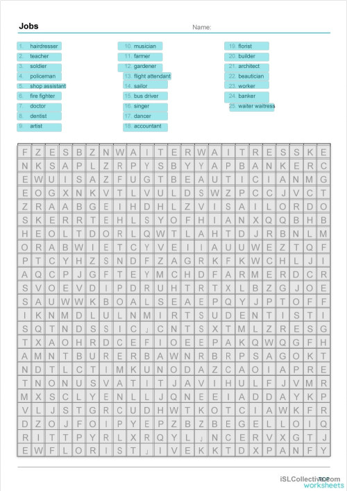 JOBS WORDSEARCH. Interactive worksheet | TopWorksheets