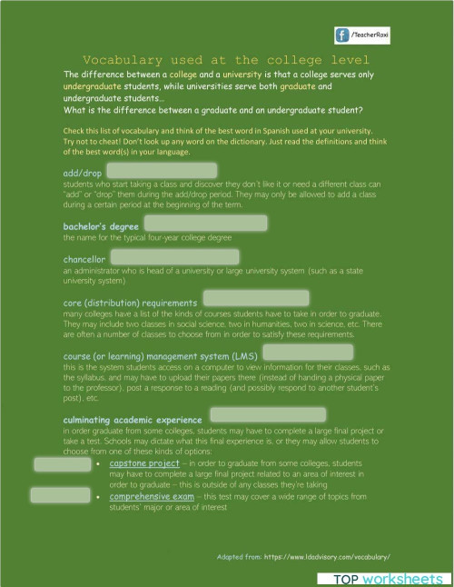 Vocabulary College. Interactive worksheet | TopWorksheets