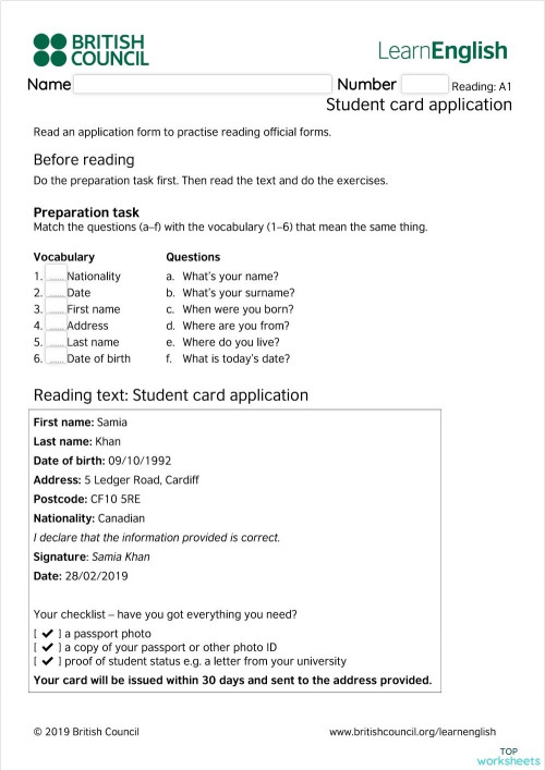 Student Card Application. Interactive worksheet | TopWorksheets