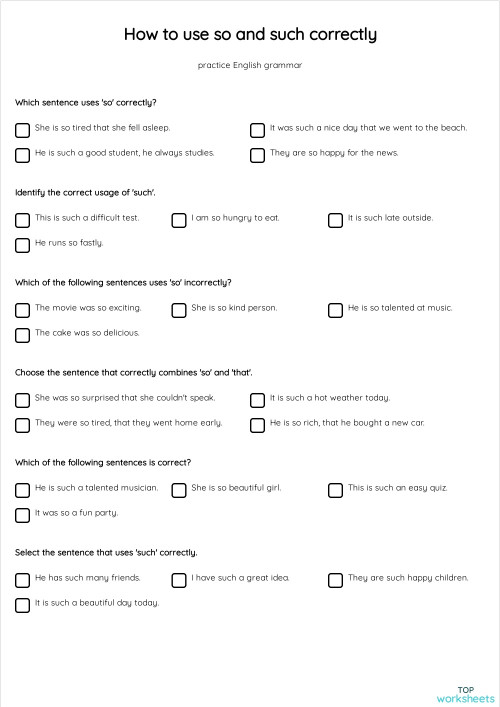 How to use so and such correctly. Interactive worksheet | TopWorksheets
